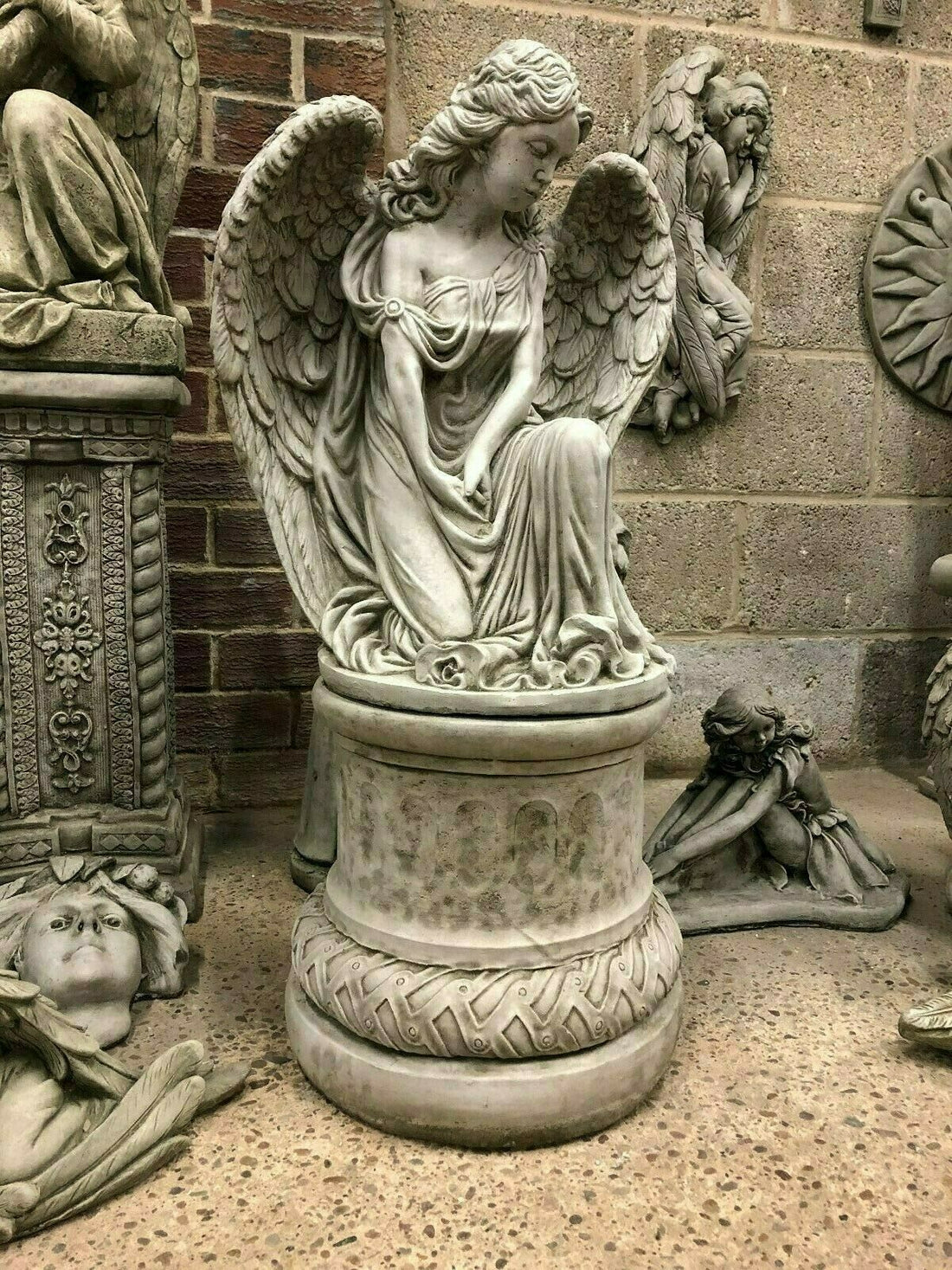 Stunning Stone Kneeling Angel Garden Pedestal Statue – SaraStoneOrnaments